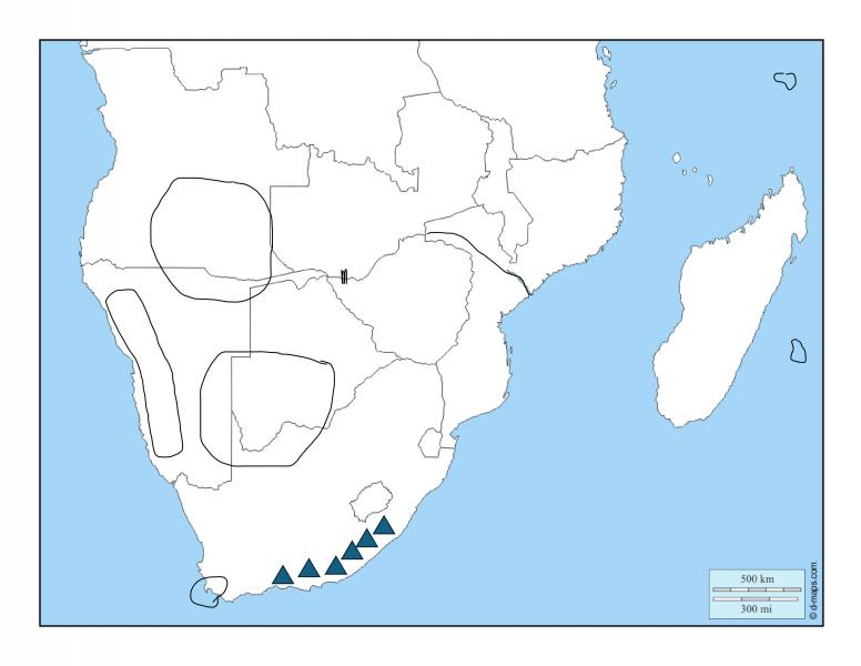 Map Quiz: Southern Africa Physical Map (K12 - world geography - africa)