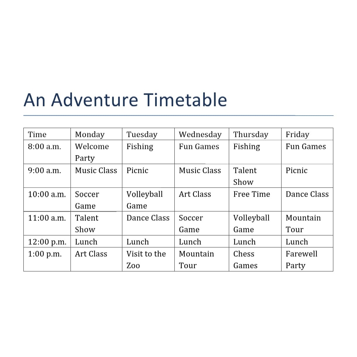 Yes or No: An Adventure timetable (practice quiz - english as a second ...