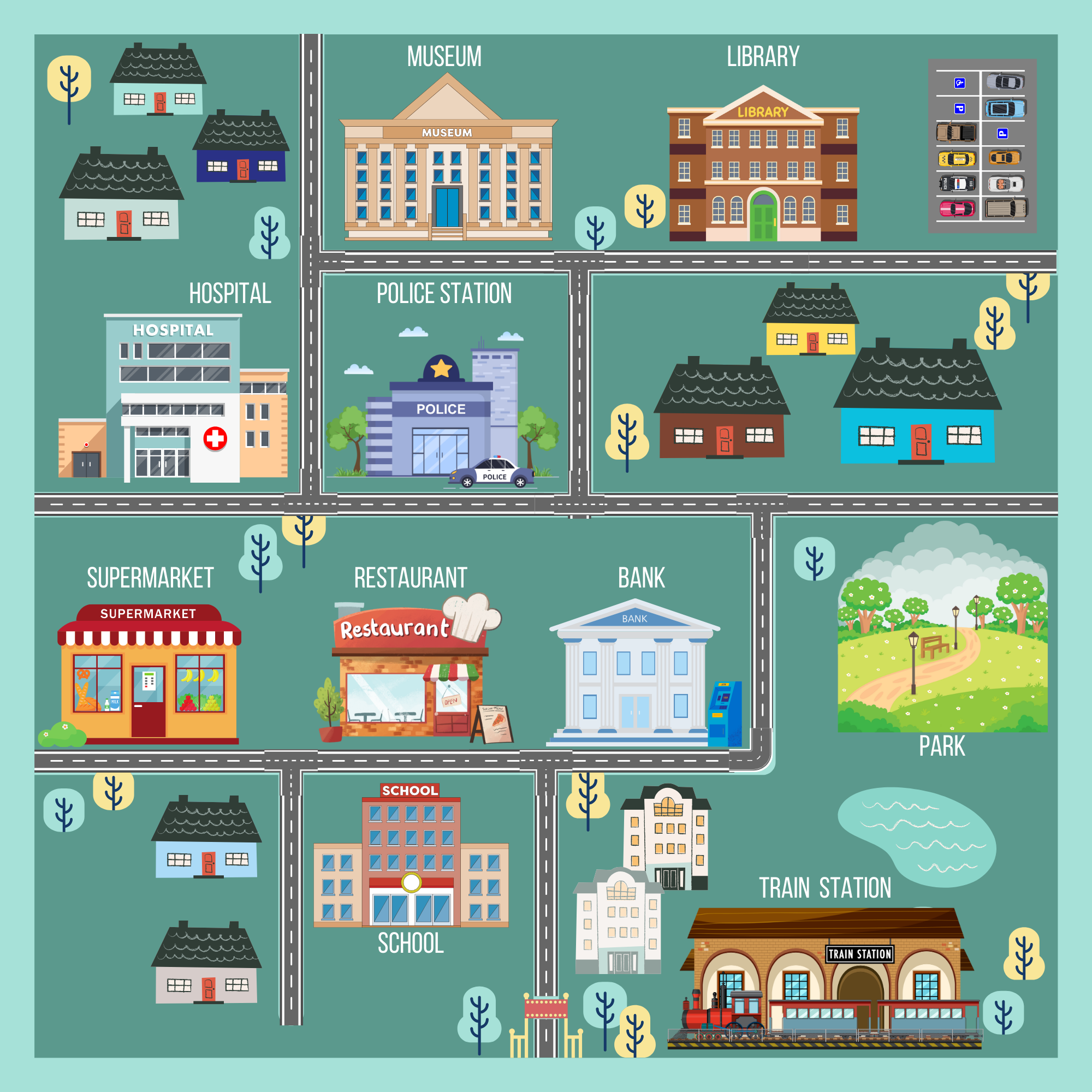 Map Quiz: Places in Town (directions) (language - places in town ...